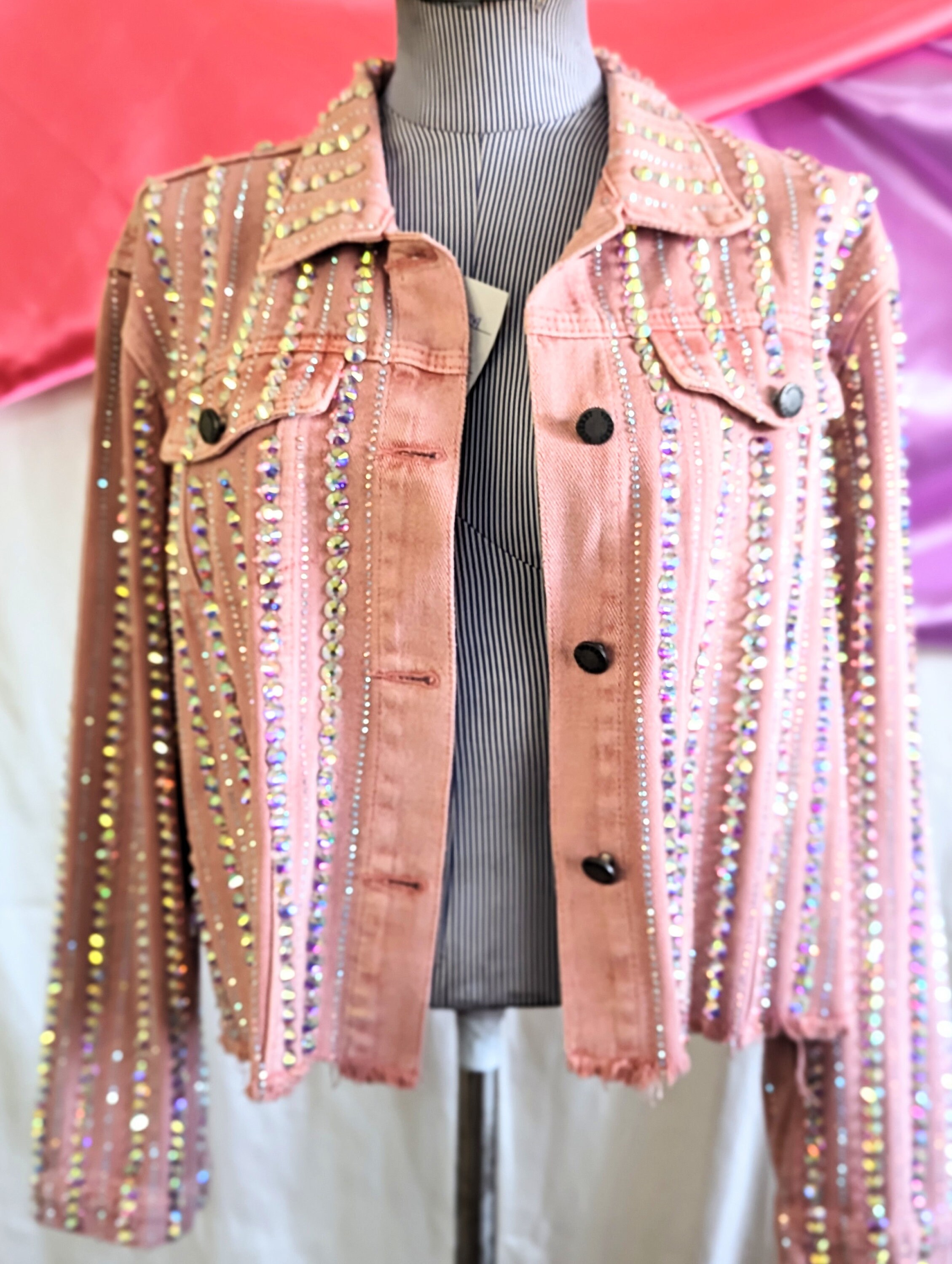 Pink Denim Jacket. ALL Over Large Rhinestones. Size L - Etsy
