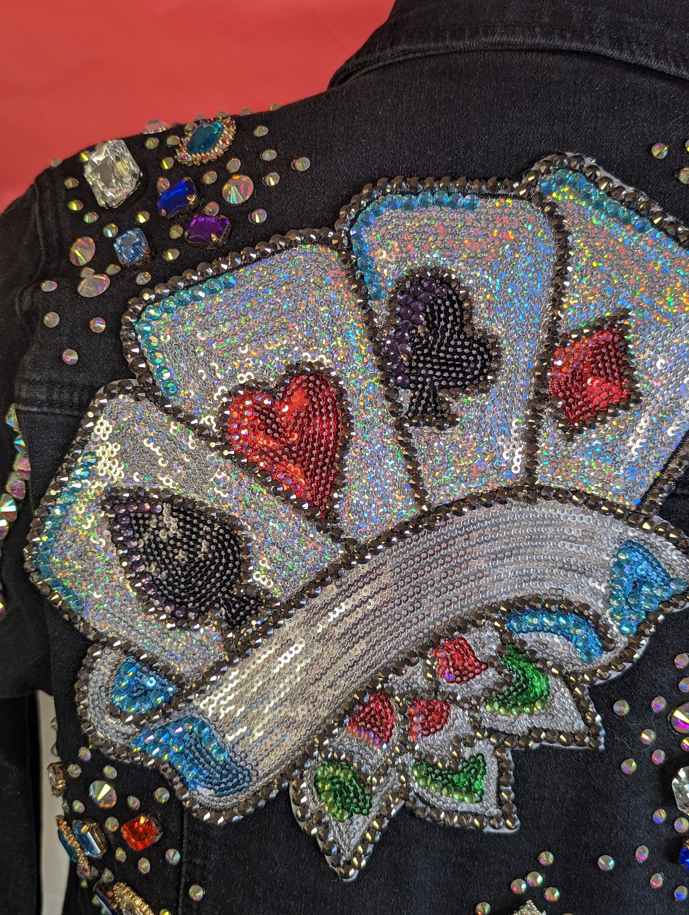 Playing Card With Colorful Rhinestones on a Black Denim Jacket ...