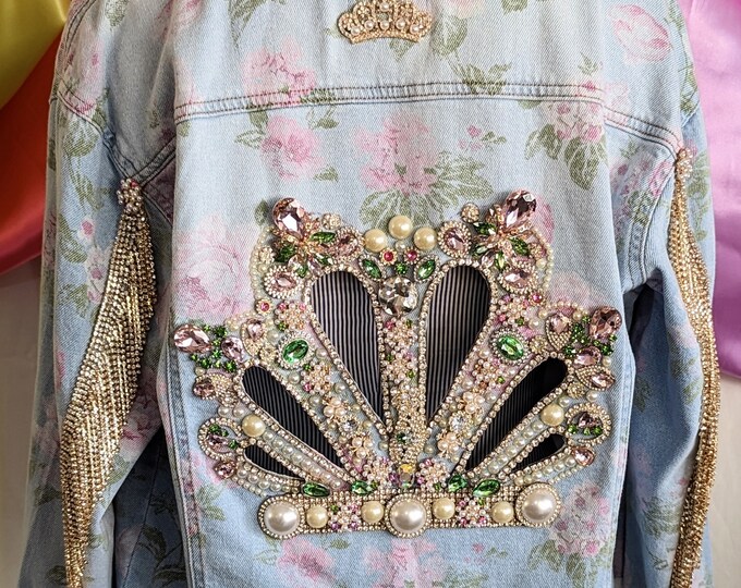 Crown on a Roses Print Denim Jacket With Gold Fringe. Embellished Denim ...
