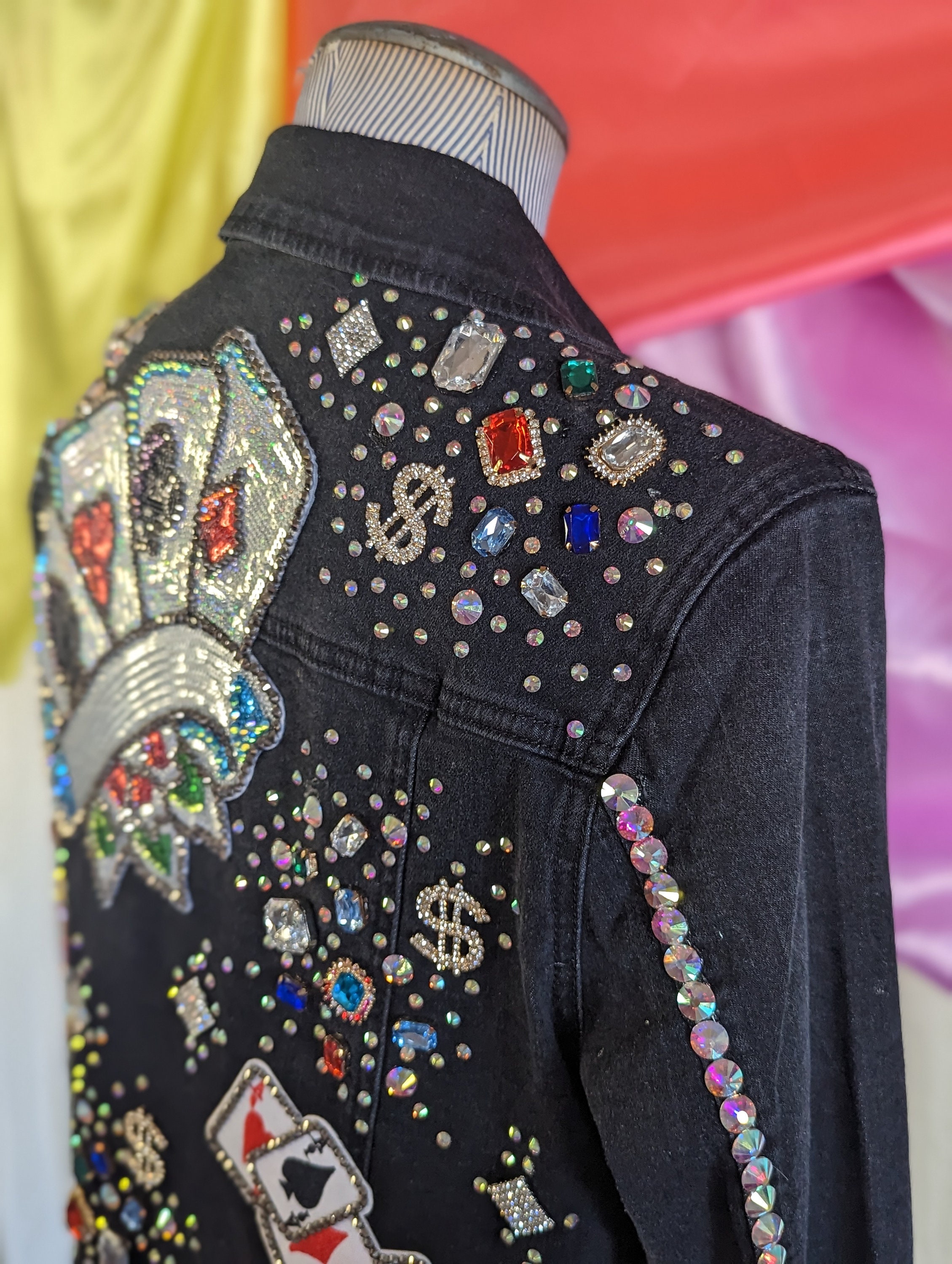 Playing Card With Colorful Rhinestones on a Black Denim Jacket ...
