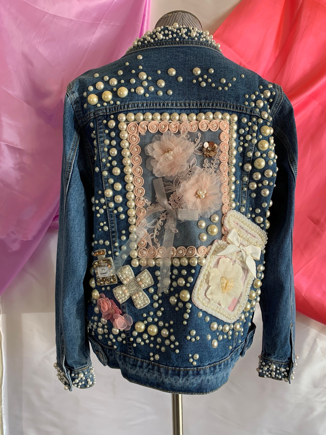 Channel Perfume With Pearls on a Blue Denim Jacket. - Etsy