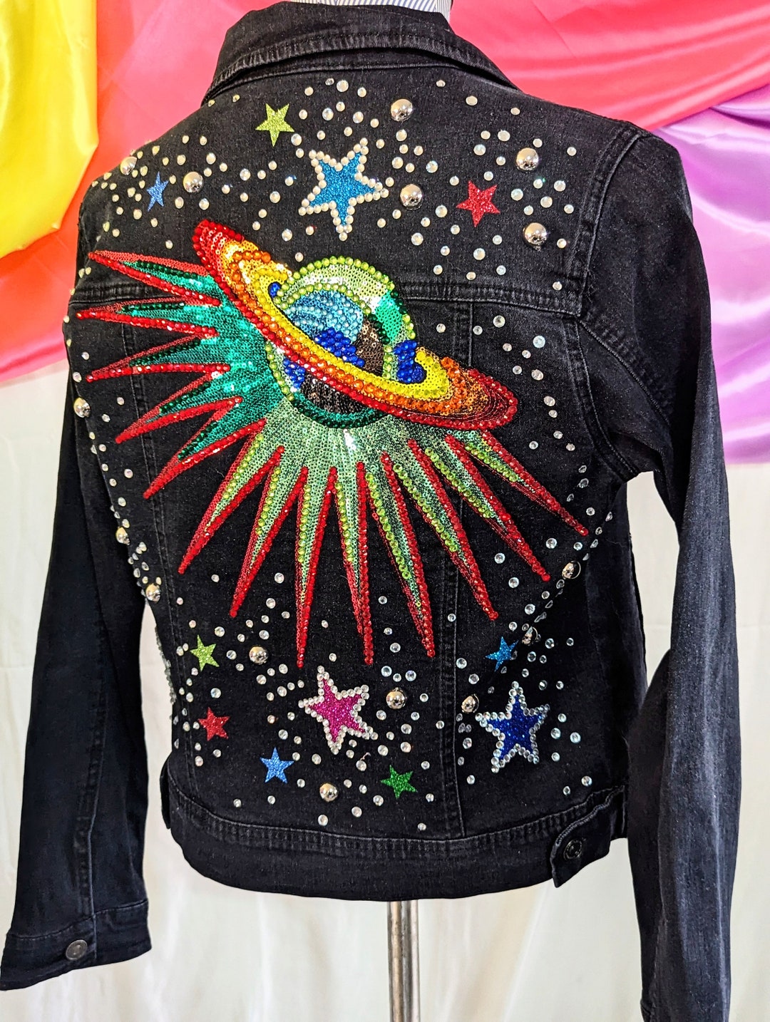 Colorful Planet With Stars on a Black Denim Jacket, Embellished Denim ...