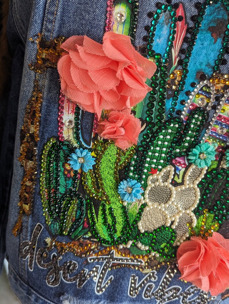 Cactus Desert Vibes on a Med Blue Denim Jacket. Embellished Denim ...