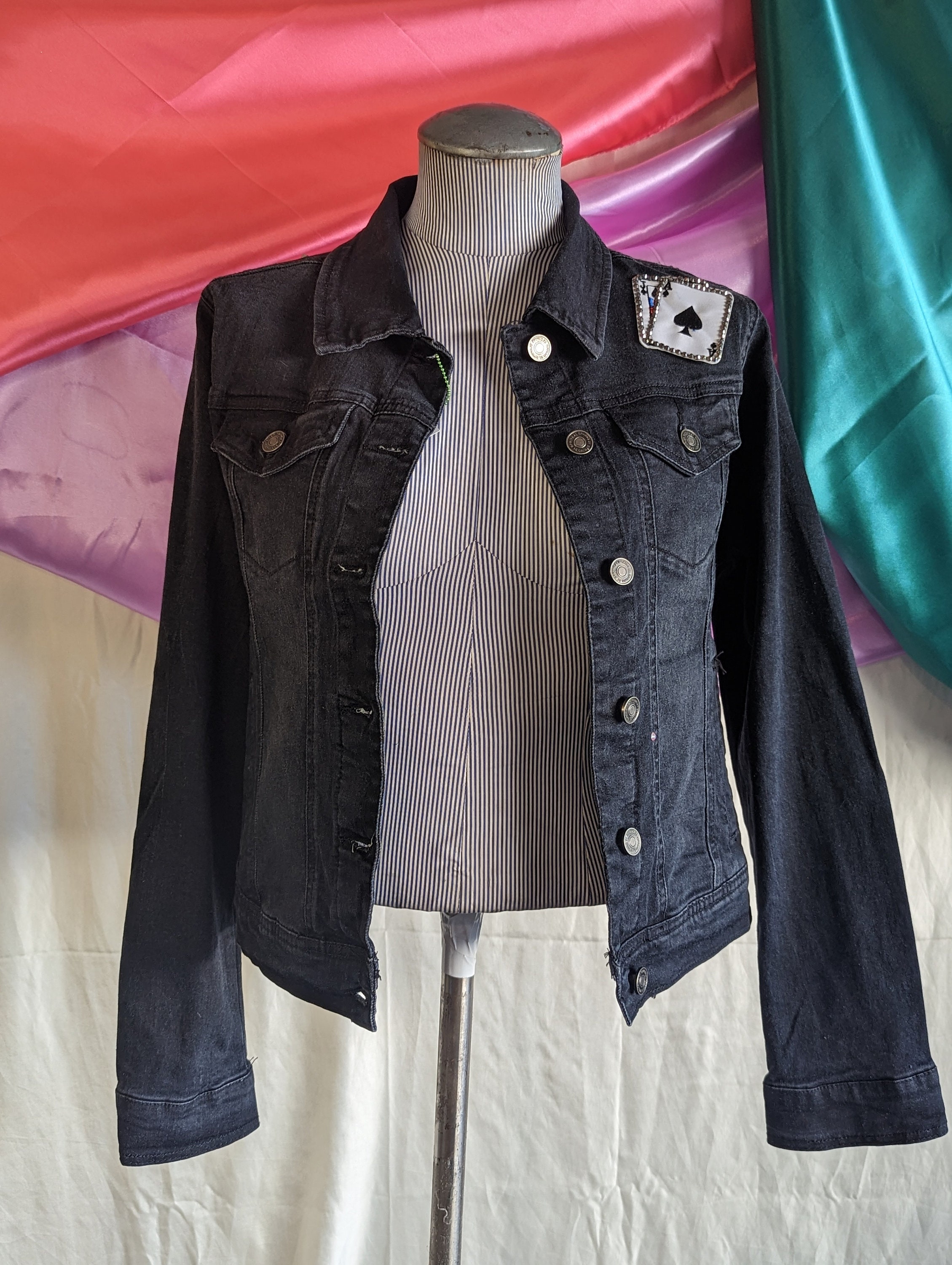 Playing Card With Colorful Rhinestones on a Black Denim Jacket ...