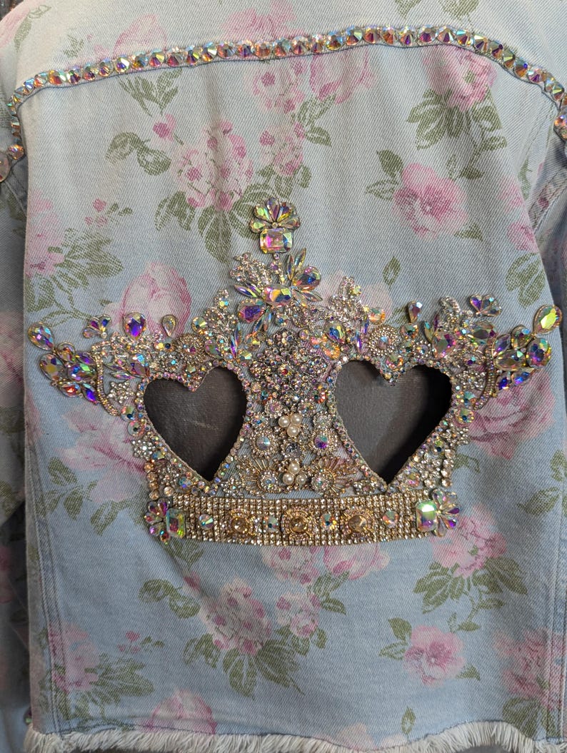 Color Pastel Crown on a Floral Print Denim Jacket Size XL. Embellished ...