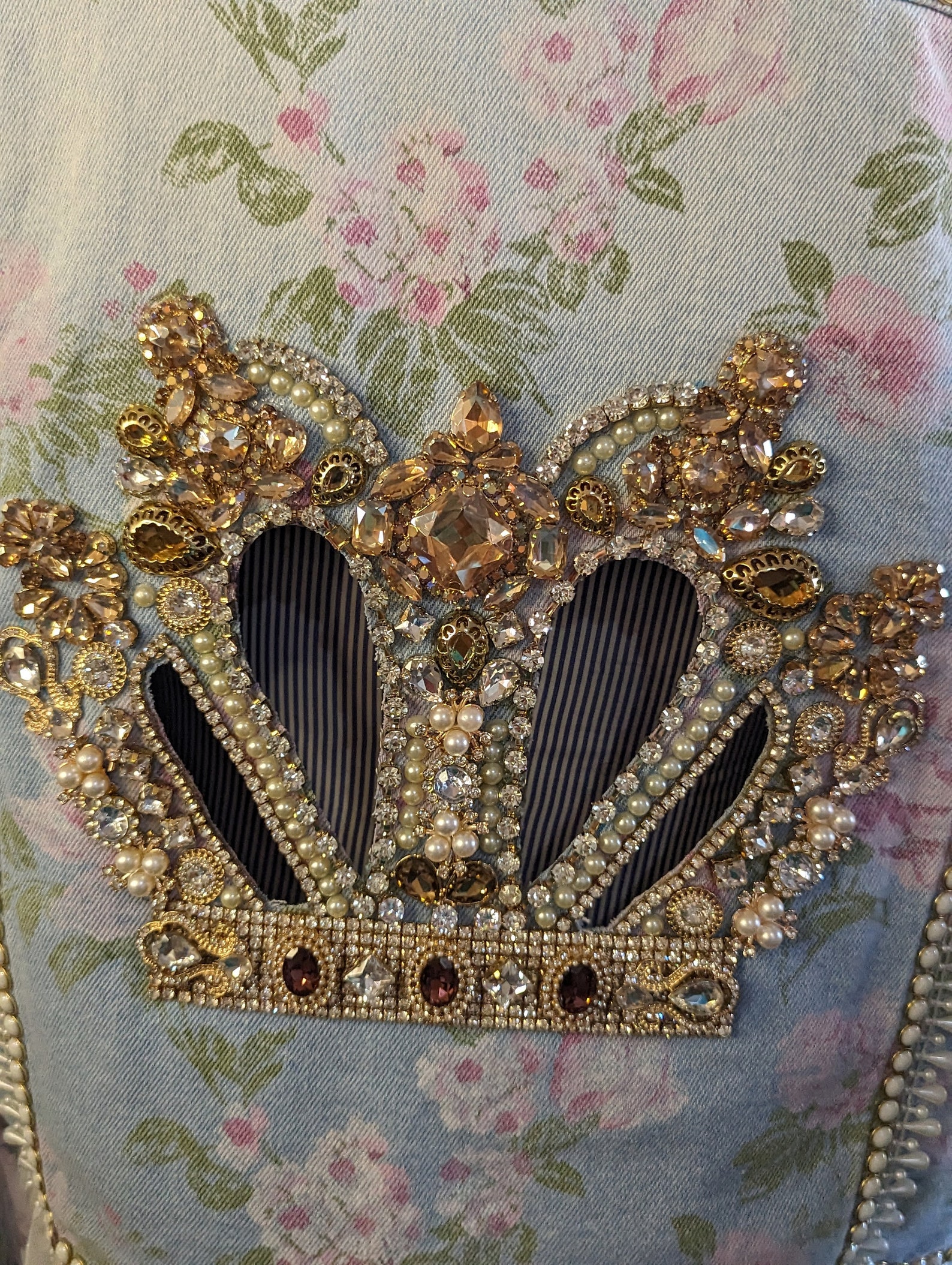 Crown on a Roses Print Denim Jacket. Embellished Denim Jacket ...
