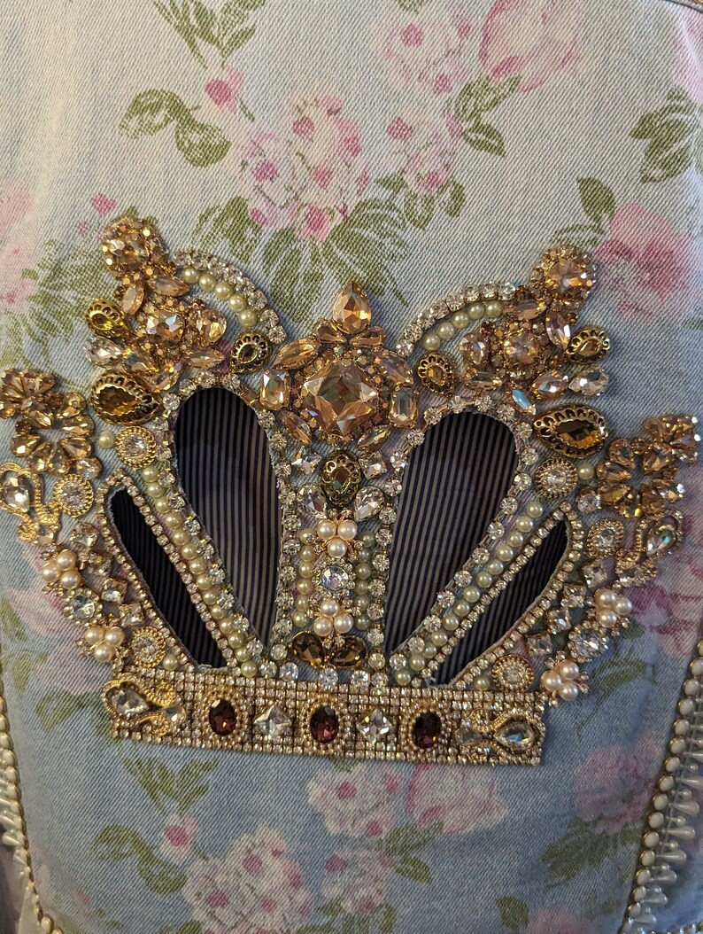 Crown on a Roses Print Denim Jacket. Embellished Denim Jacket ...
