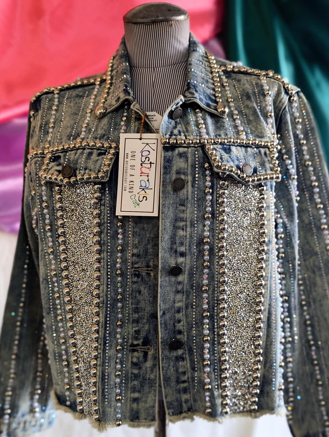 White and Silver Pearls on Lines on a Rhinestone Lines Black Denim ...