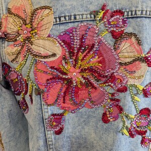 Coral Huge Flowers on a Ligth Blue Denim Jacket. Embellished Denim ...
