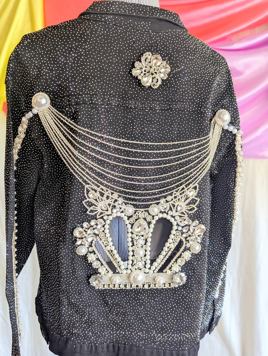 Silver Crown on a Sparkly Blackdenim Jacket. Embellished Denim Jacket ...
