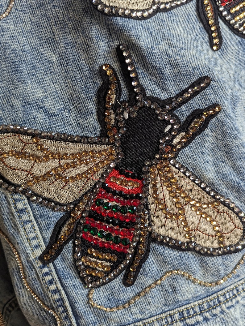 Bees on a Light Blue Oversize Denim Jacket. Embellished Denim Jacket ...