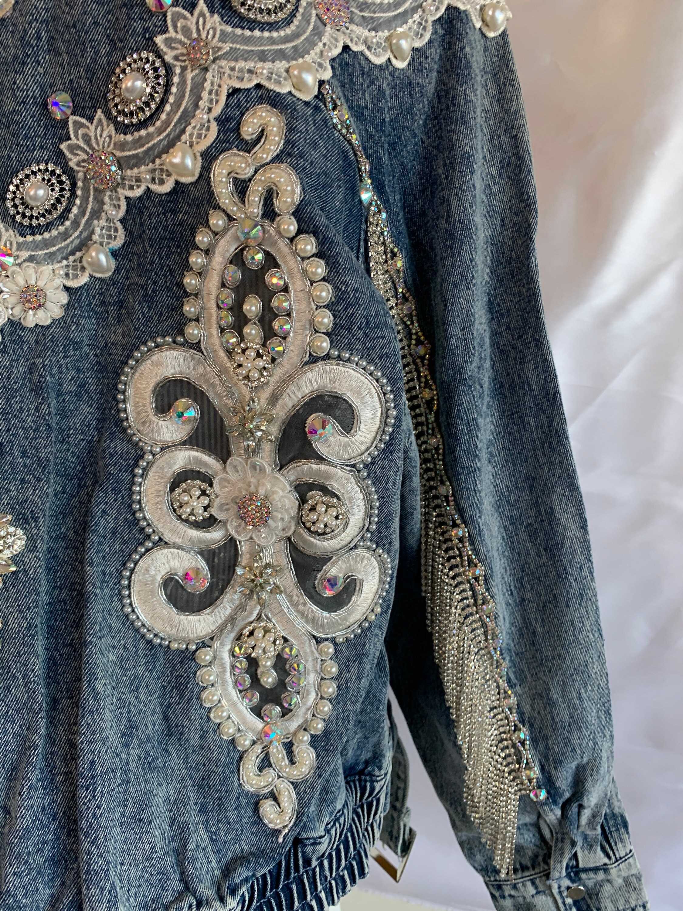 White Patches on a Blue Denim Jacket.embellished Denim Jacket ...
