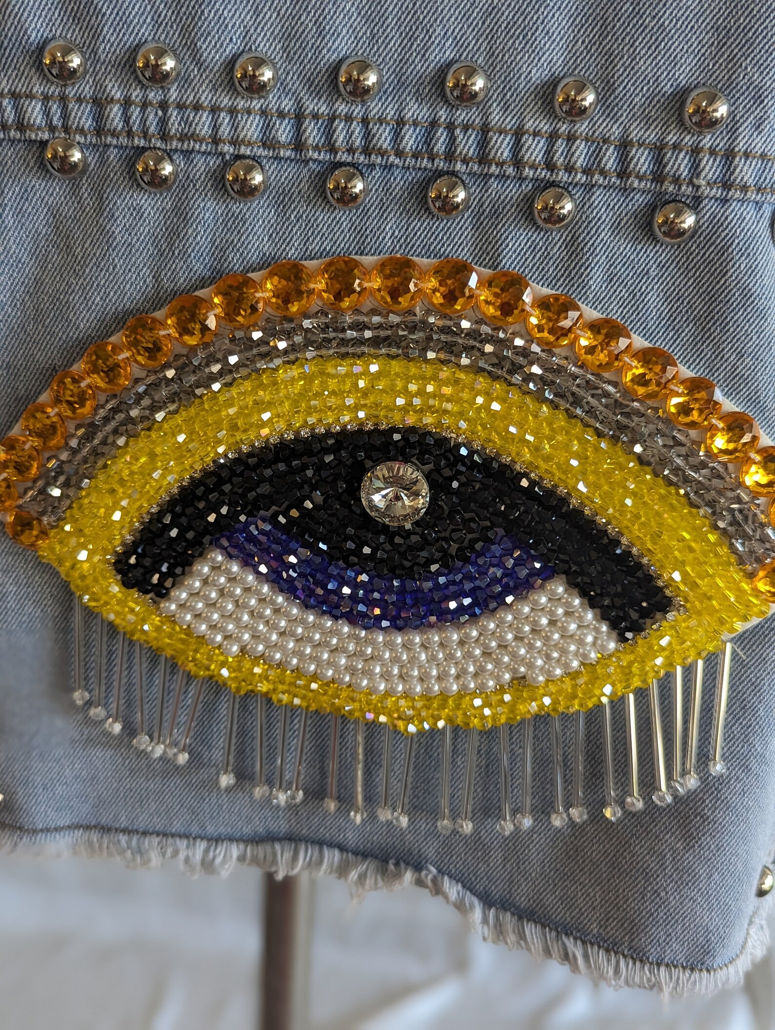 Hamsa and Evil Eye on a Light Blue Denim Jacket. Embellished Denim ...