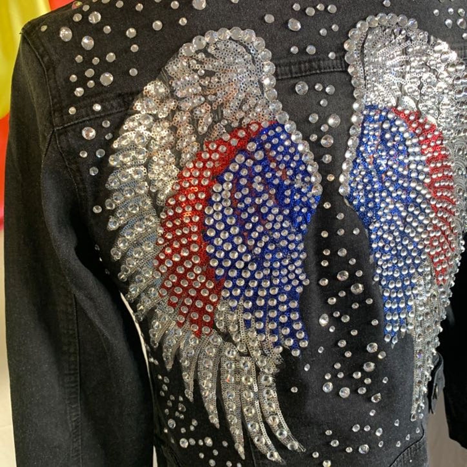 Silver, Red and Blue Angel Wings on a Black Denim Jacket, Embellished ...