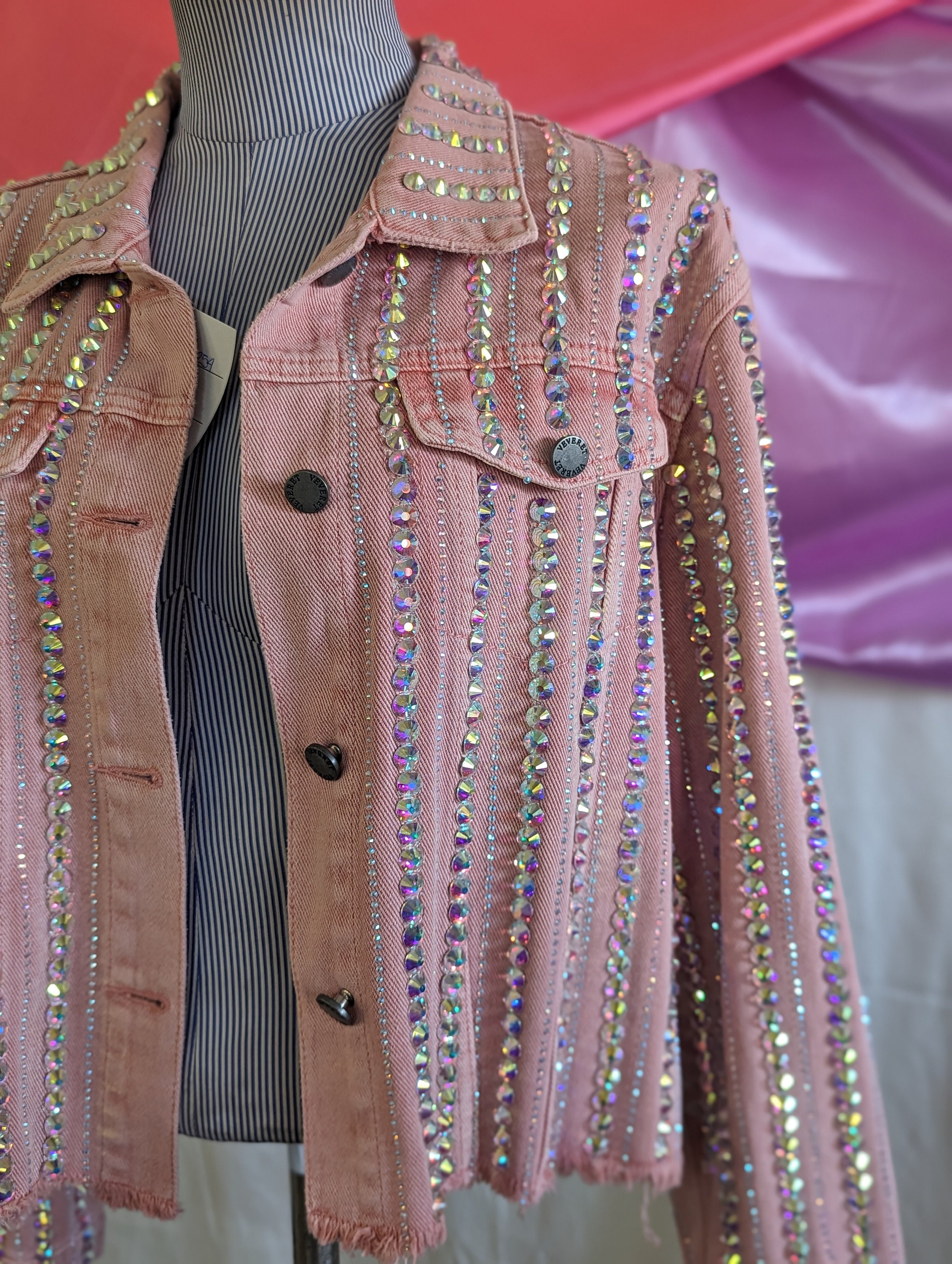 Pink Denim Jacket. ALL Over Large Rhinestones. Size L - Etsy
