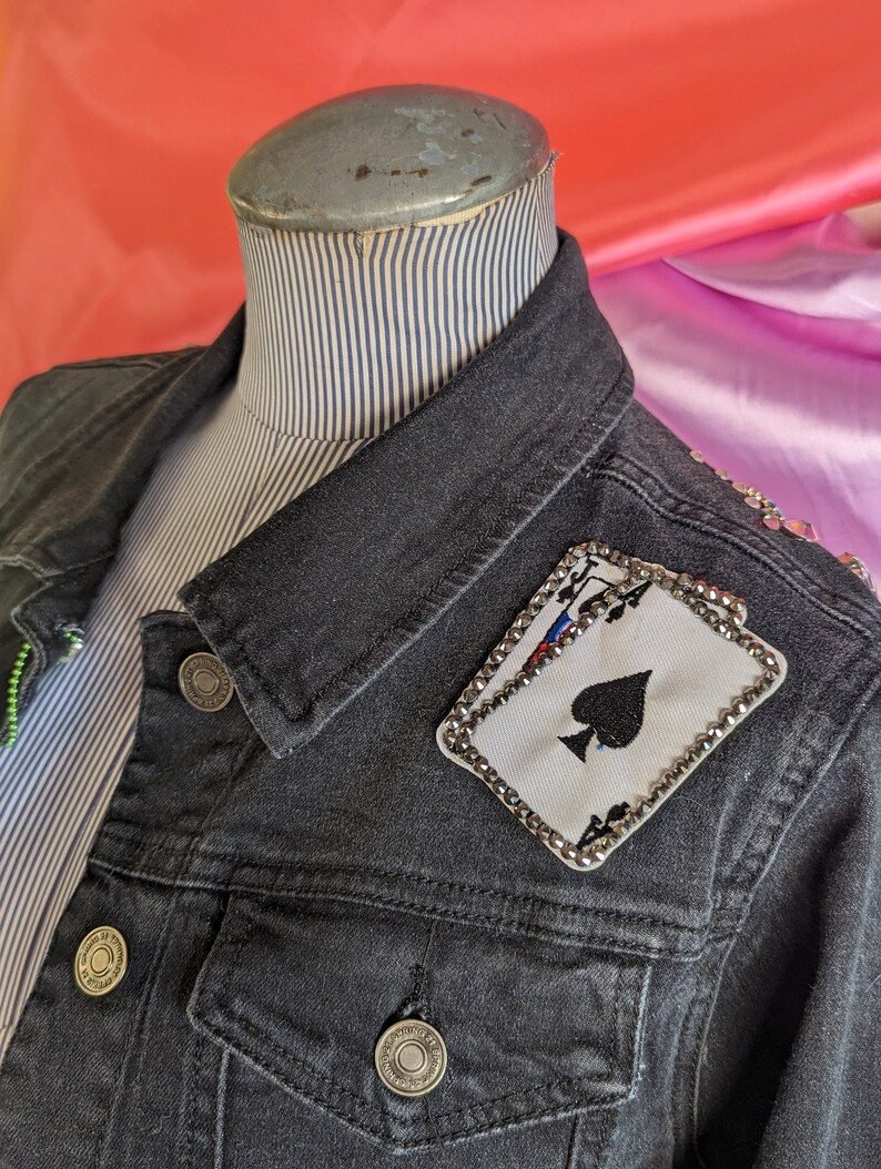 Playing Card With Colorful Rhinestones on a Black Denim Jacket ...