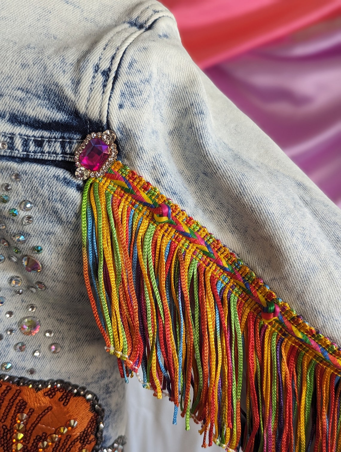 Hummingbird With Big Orange Flower on a Blue Bleached Denim Jacket ...