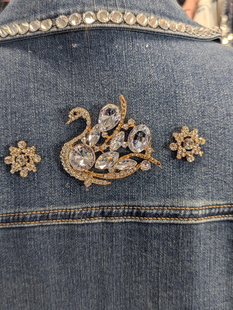 Swan Crown With Pink Details on a Med Blue Denim Jacket. Embellished ...