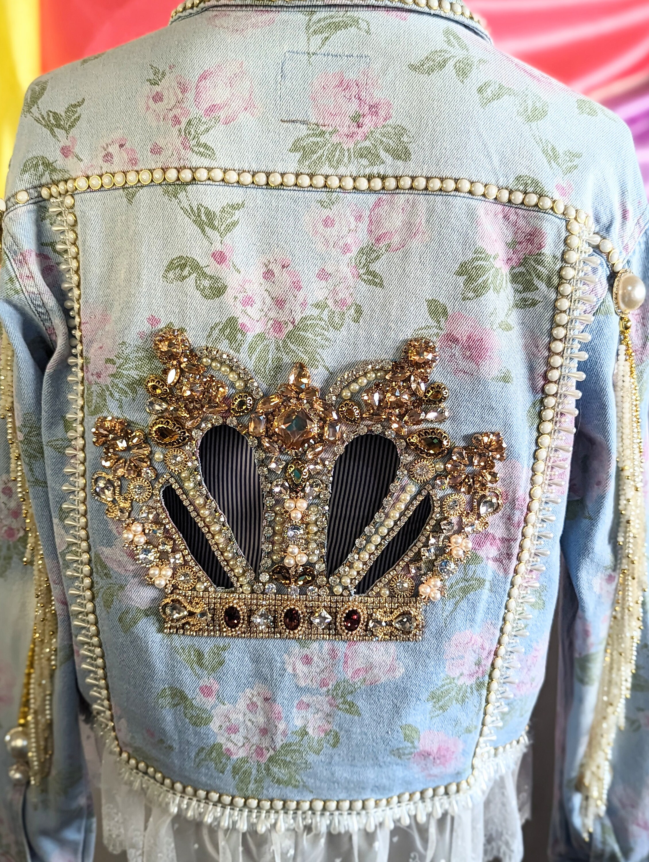 Crown on a Roses Print Denim Jacket. Embellished Denim Jacket ...