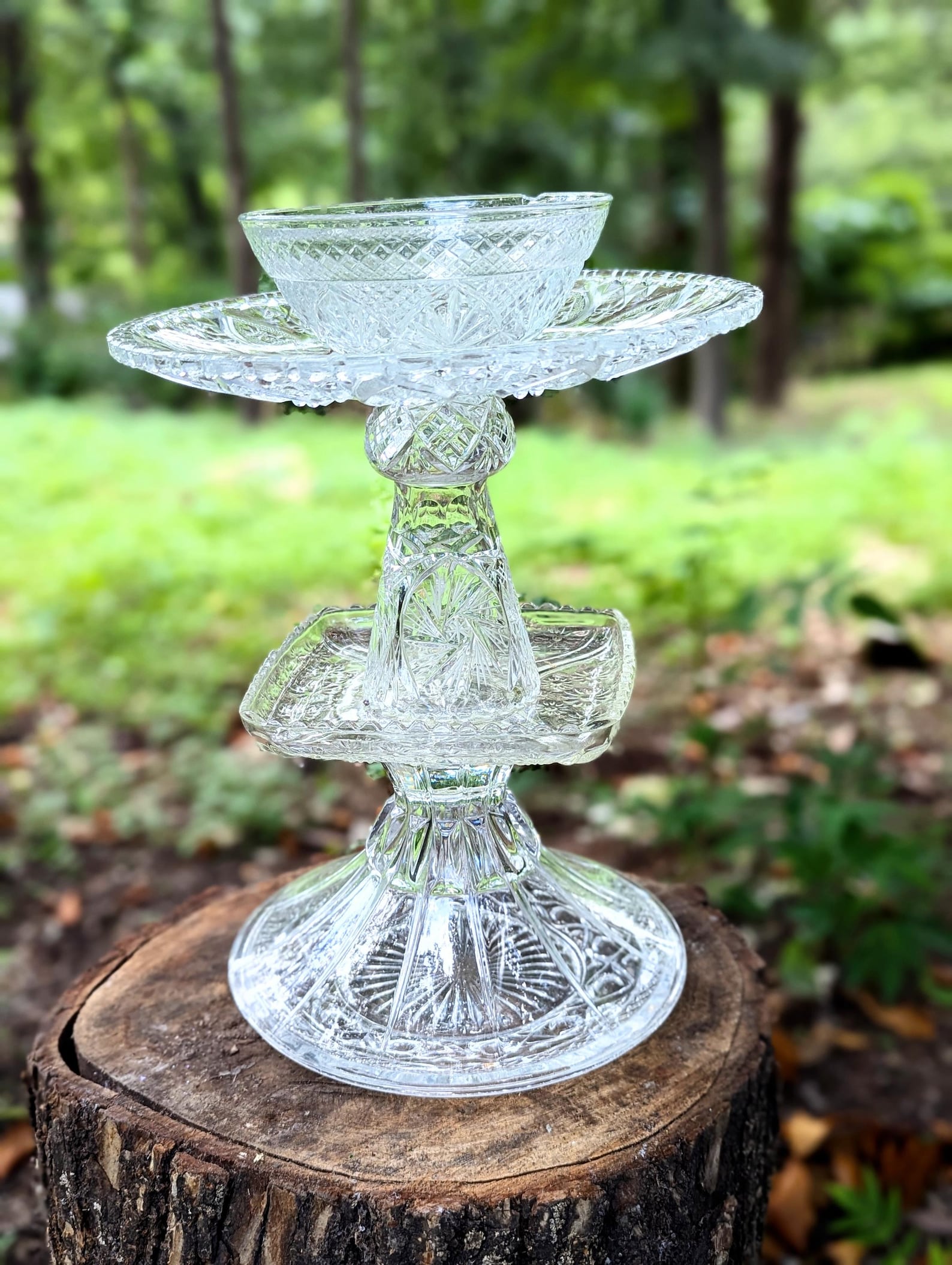 ANTIQUE CRYSTAL Bird Bath, Totem, Bird Feeder, Center Piece, Side Table ...