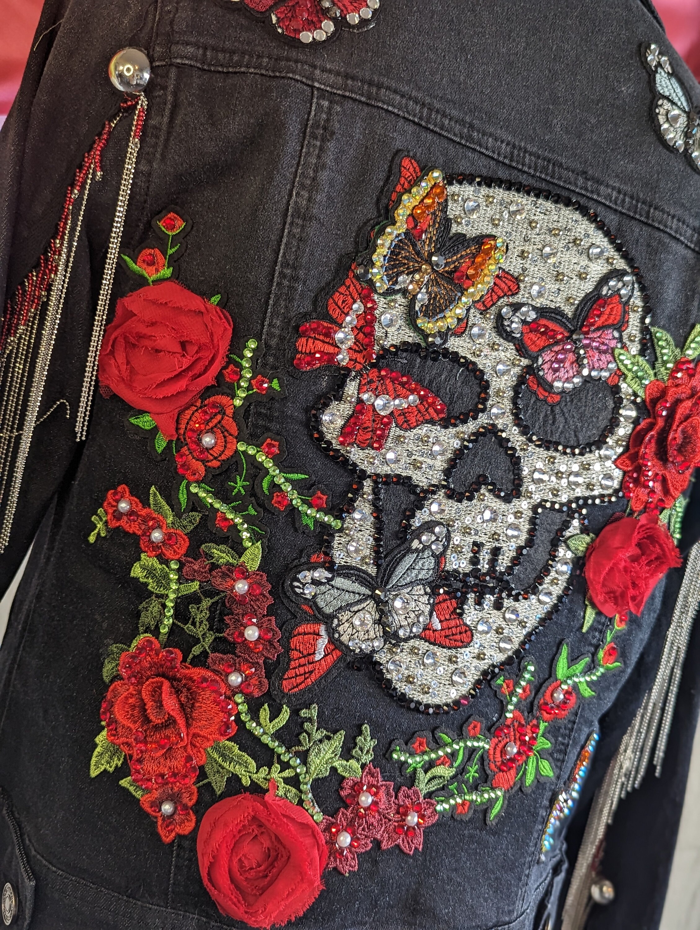 Skull With Butterflies and Red Flowers on a Black Denim Jacket ...