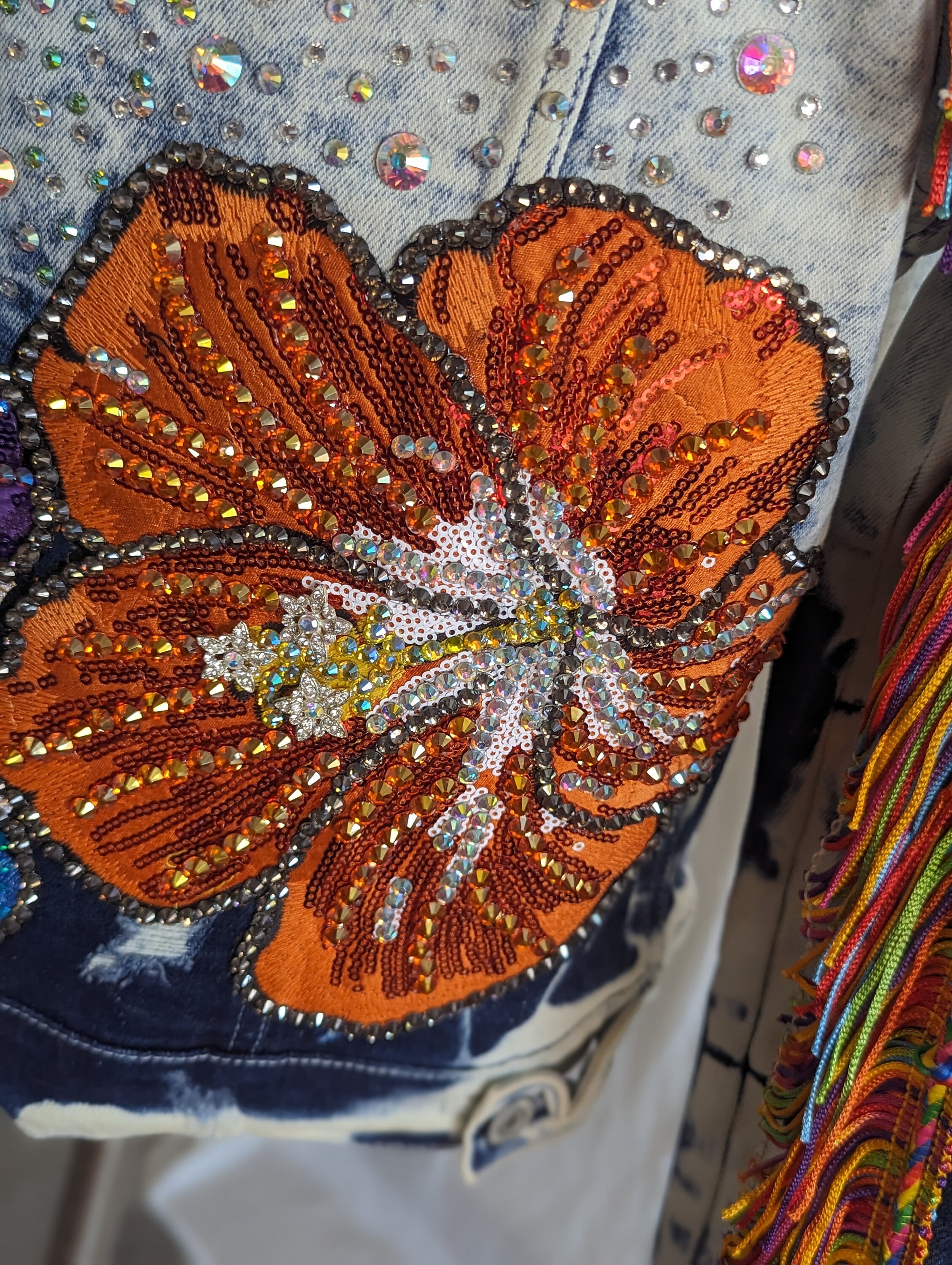 Hummingbird With Big Orange Flower on a Blue Bleached Denim Jacket ...