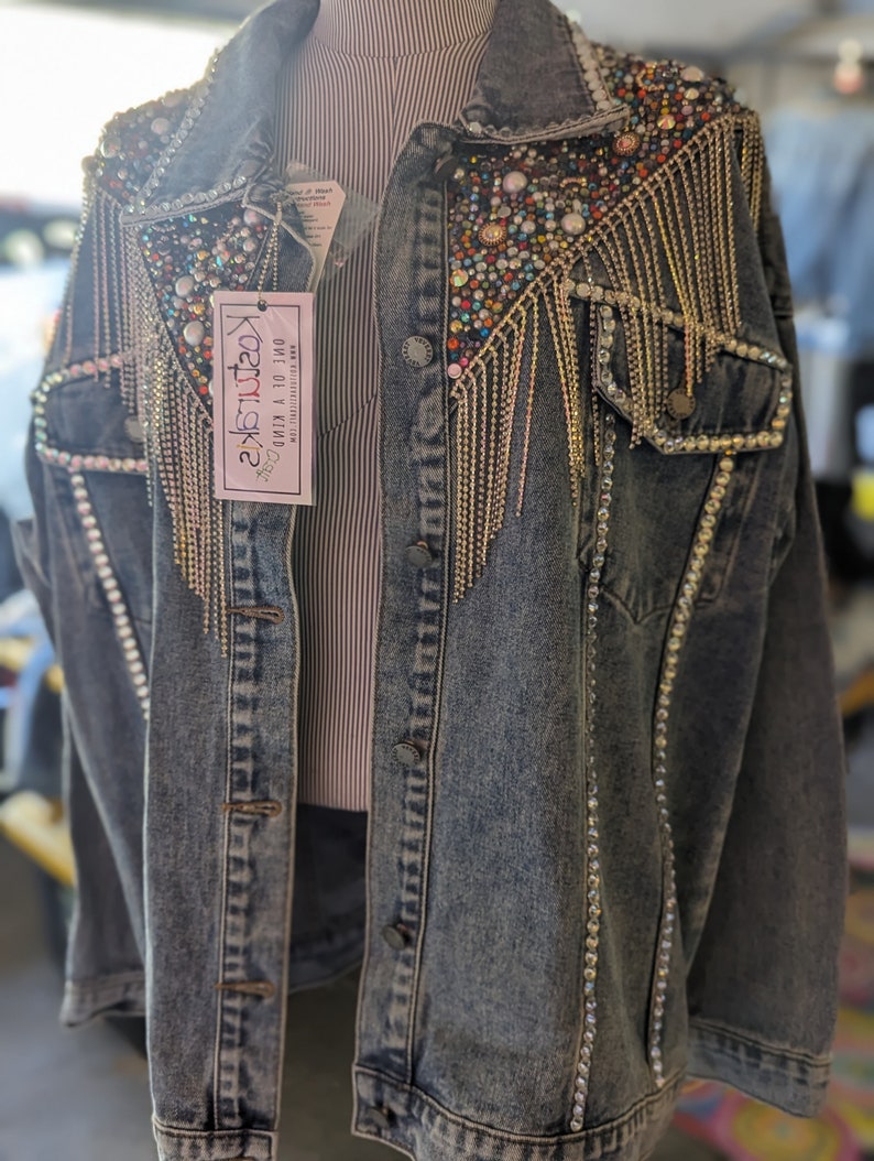 Colorful Sparkly on a Med Blue Denim Jacket. Embellished Denim Jacket ...