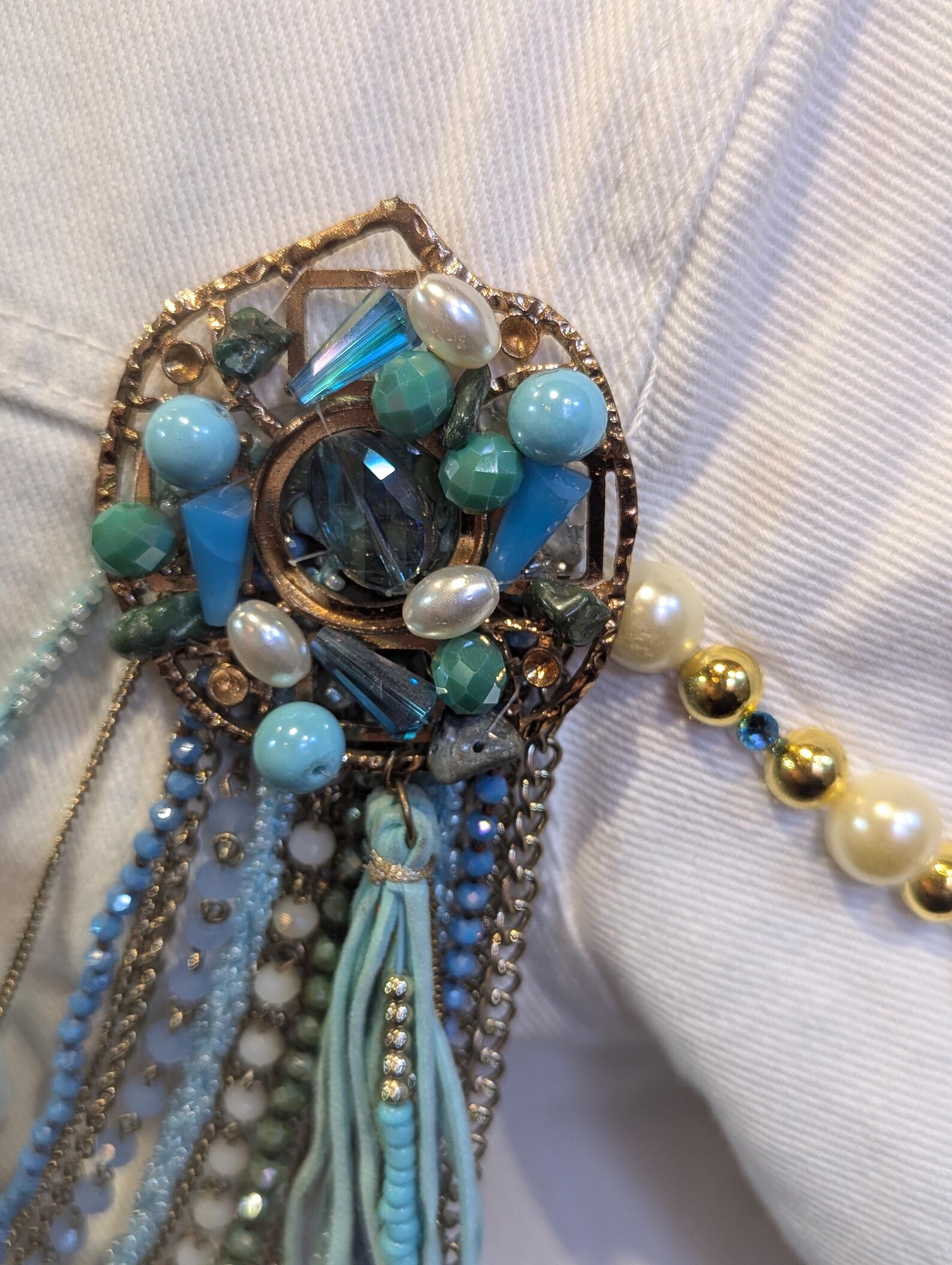 Santa Fe Chain on a White Denim Jacket. Embellished Denim Jacket ...
