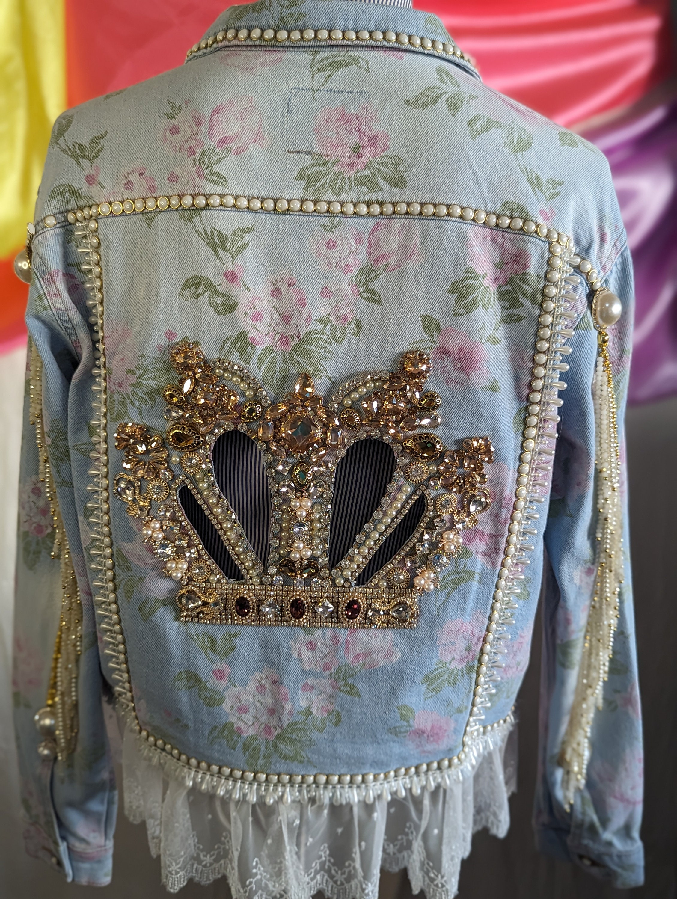 Crown on a Roses Print Denim Jacket. Embellished Denim Jacket ...