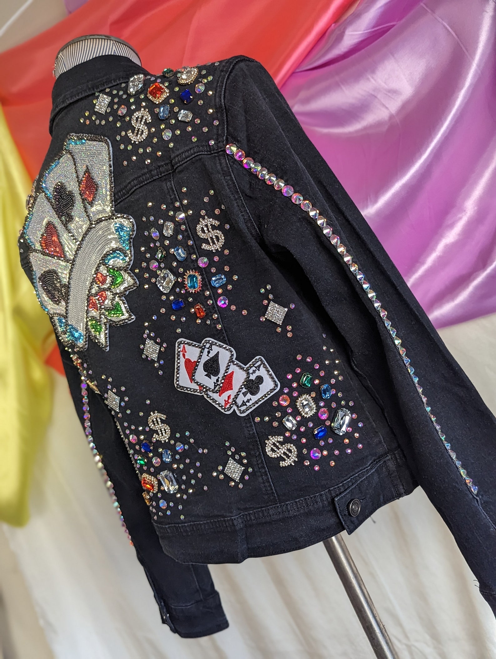 Playing Card With Colorful Rhinestones on a Black Denim Jacket ...