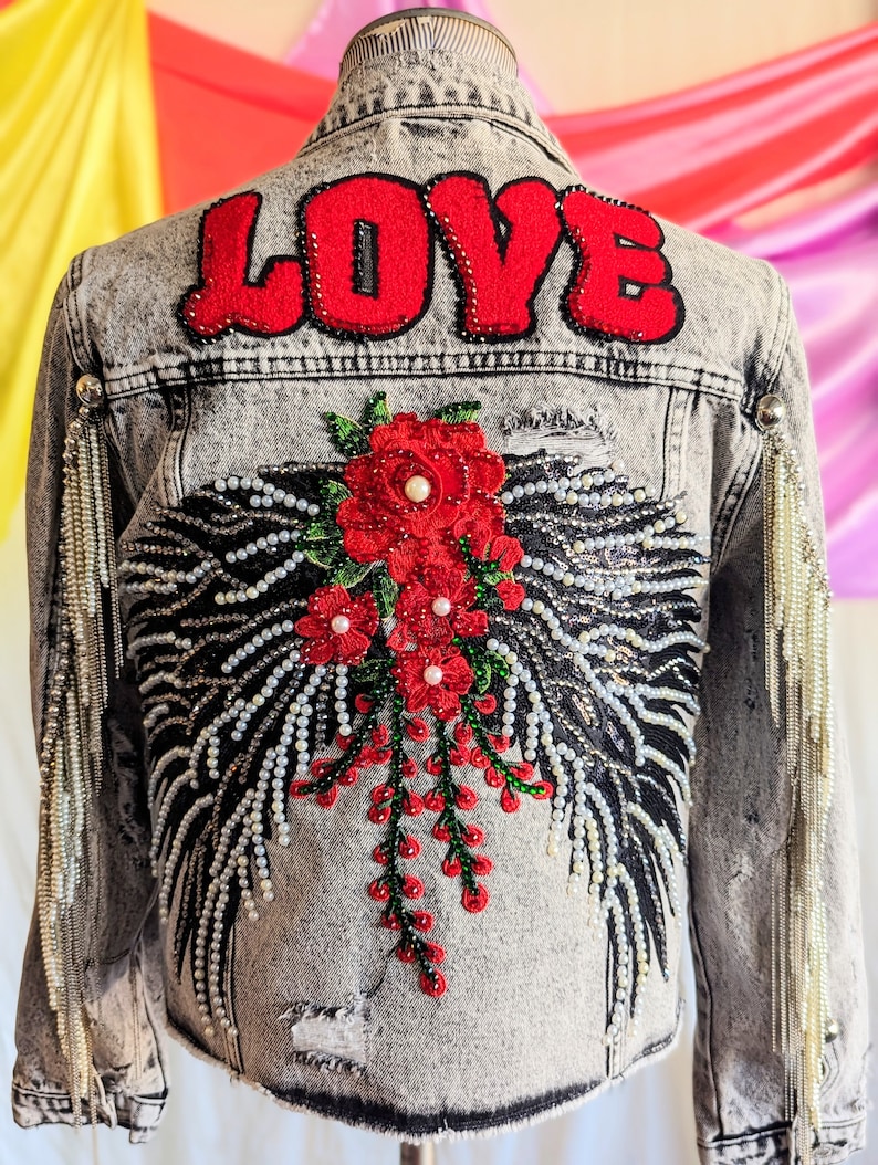 Black Angel Wings With Love on a Black Denim Jacket. Embellished Denim ...