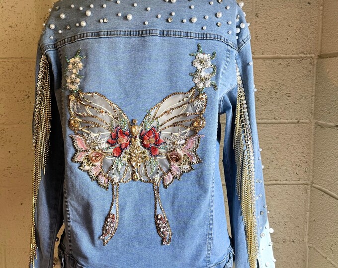 Blue Jean Denim Jacket With Hand Painted Butterflies and Peonies — Hand ...