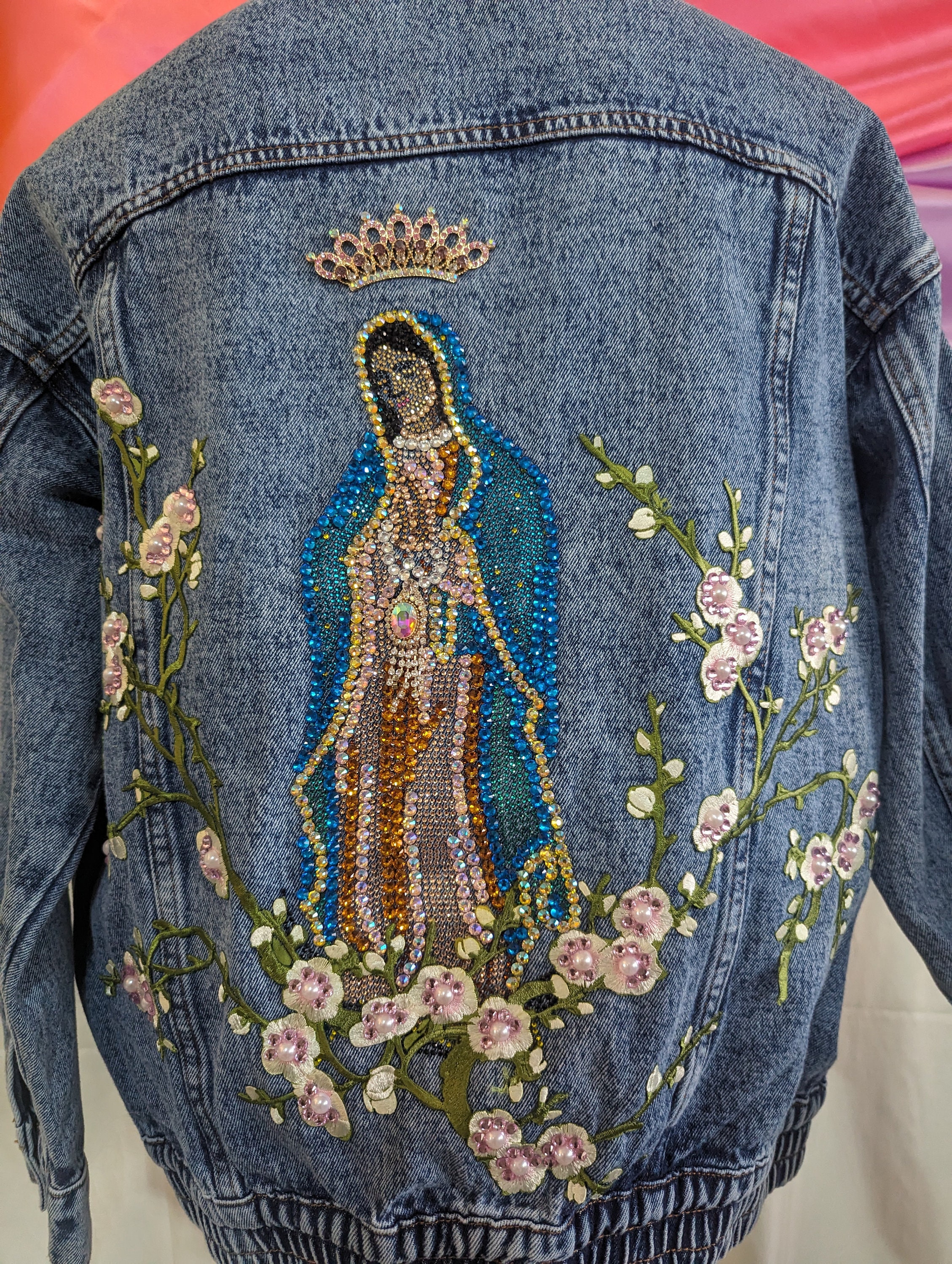 Virgin of Guadalupe With Little Pink Roses on a Med Blue Denim Jacket ...