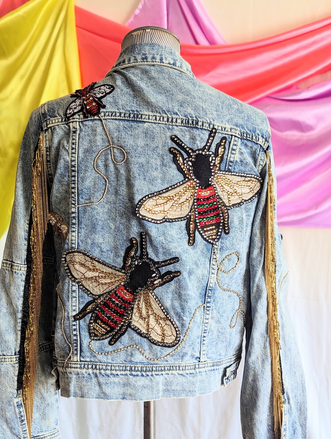 Bees on a Light Blue Oversize Denim Jacket. Embellished Denim Jacket ...