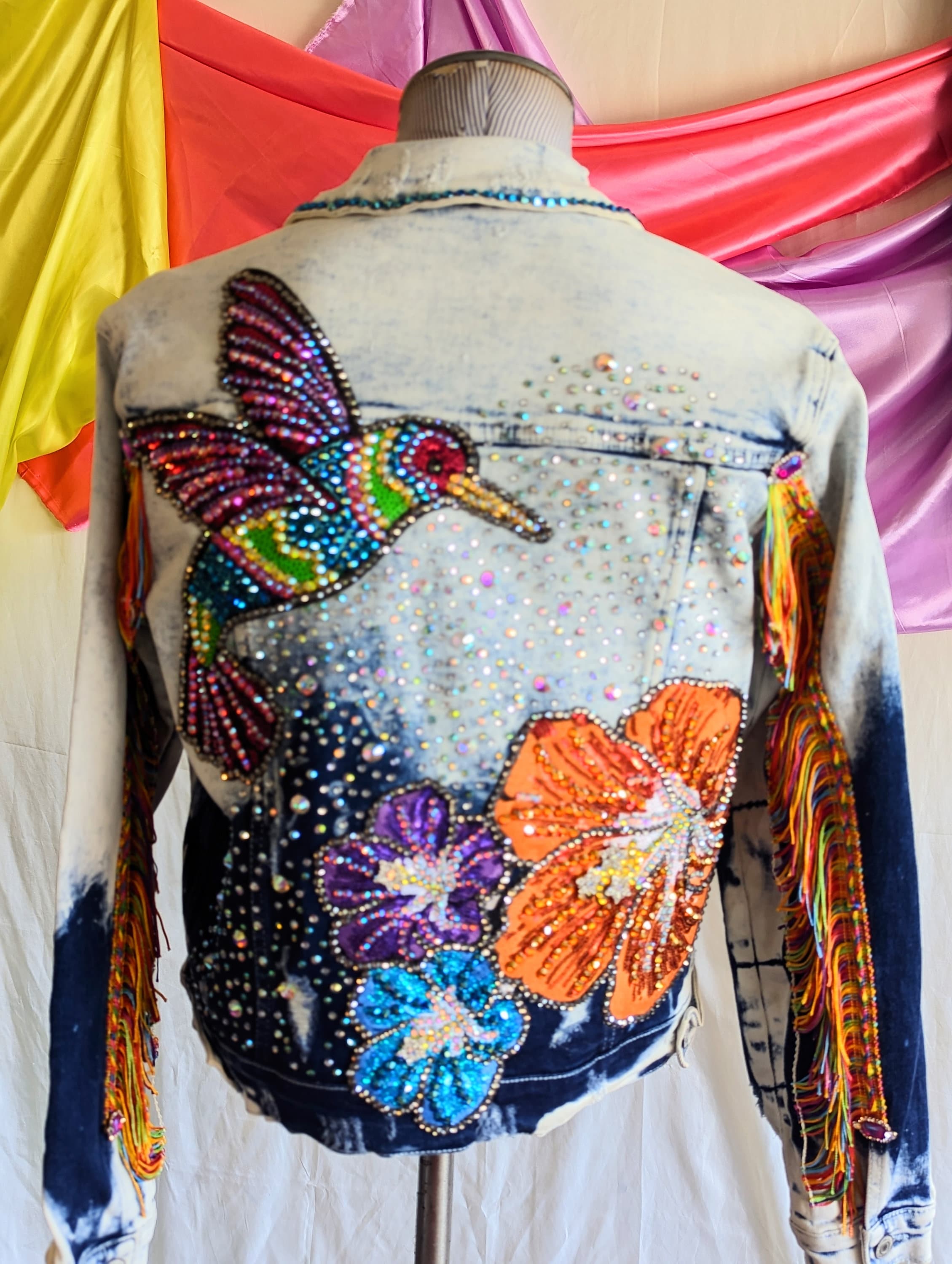 Hummingbird With Big Orange Flower on a Blue Bleached Denim Jacket ...