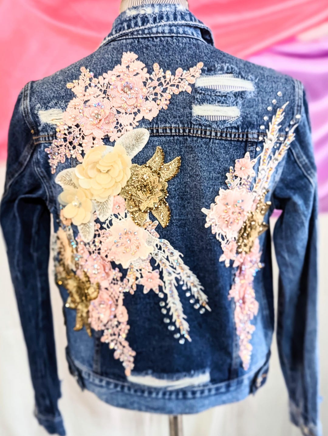 Pink and Gold Florwes on a Dark Blue Denim Jacket. Size S - Etsy