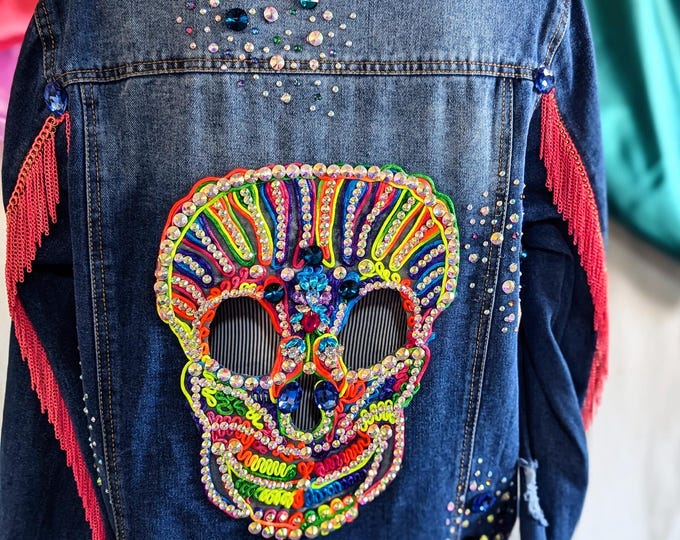 Neon Skull With Pink Chain Fringe on a Dark Blue Denim Jacket ...