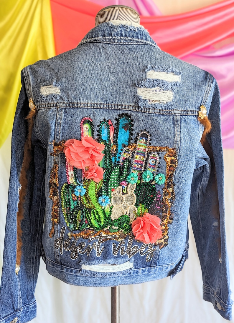 Cactus Desert Vibes on a Med Blue Denim Jacket. Embellished Denim ...