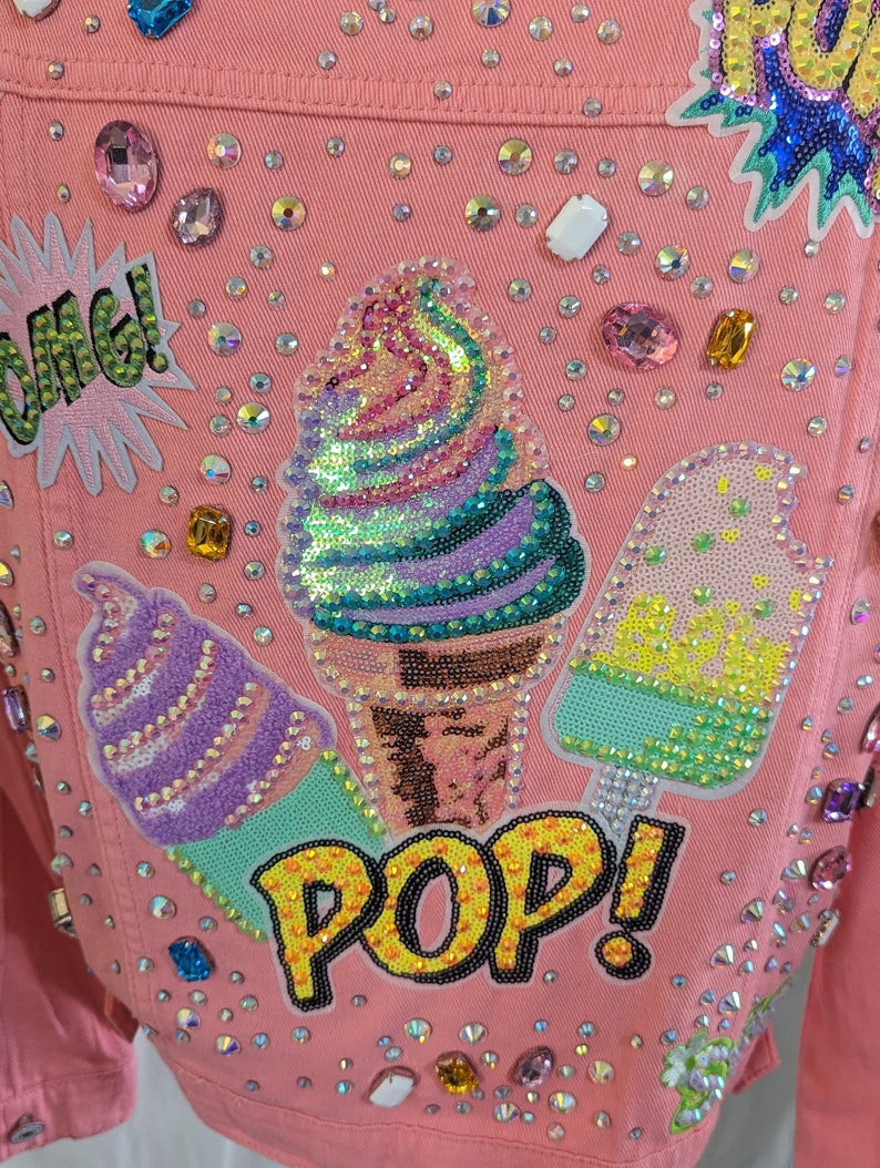 Ice Cream With a Pop and Love Patches on a Pale Pink Denim Jacket ...