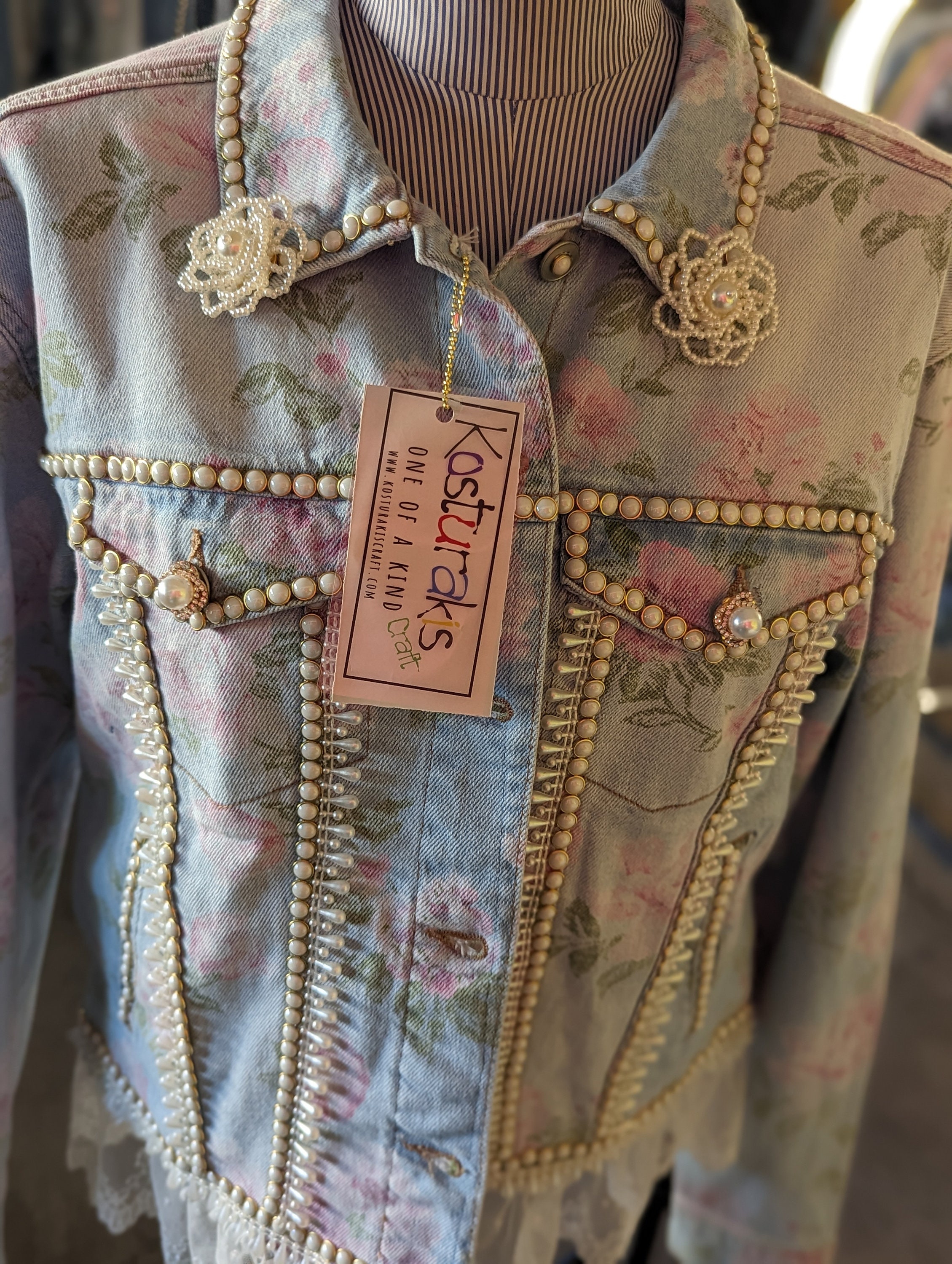 Crown on a Roses Print Denim Jacket. Embellished Denim Jacket ...