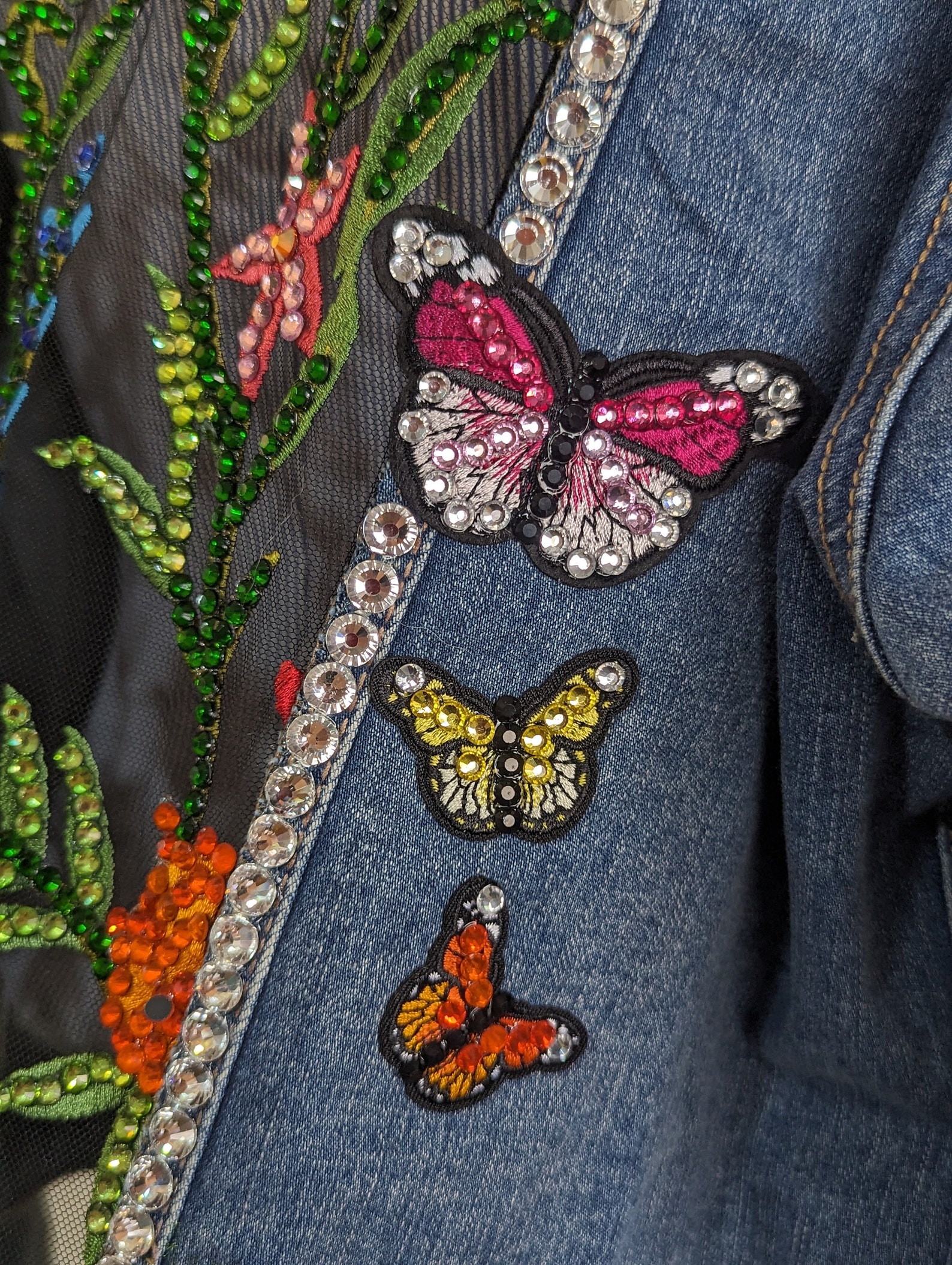 Colorfull Flowers on Lace With Butterflies on a Med Blue Denim Jacket ...