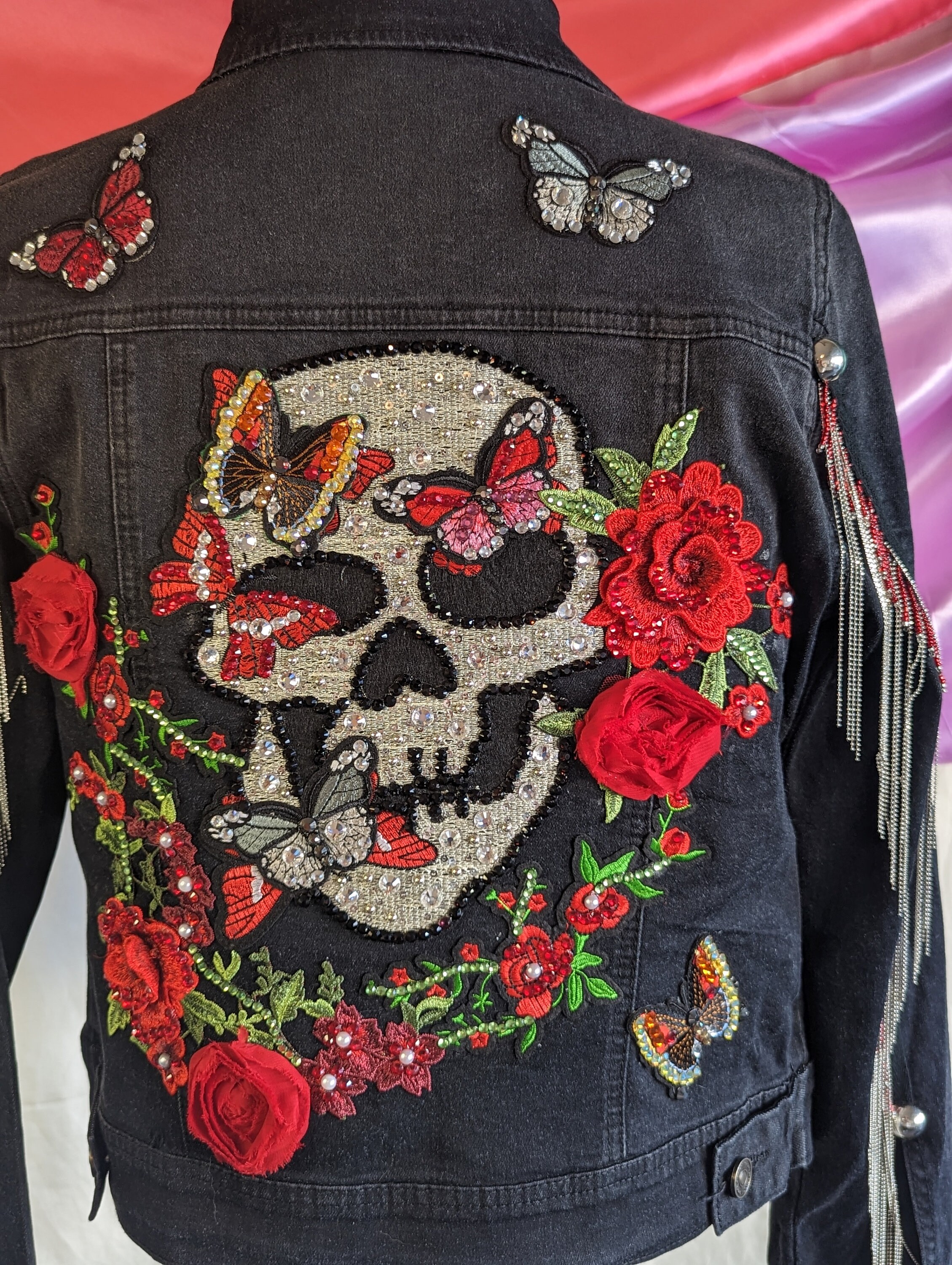 Skull With Butterflies and Red Flowers on a Black Denim Jacket ...