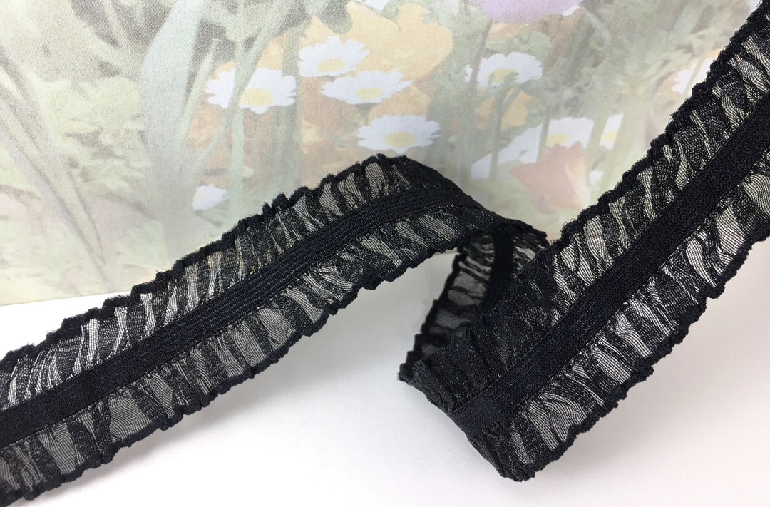 5yd Black Organza Stretch Double Ruffle Elastic Trim 1" Wide for Diy ...