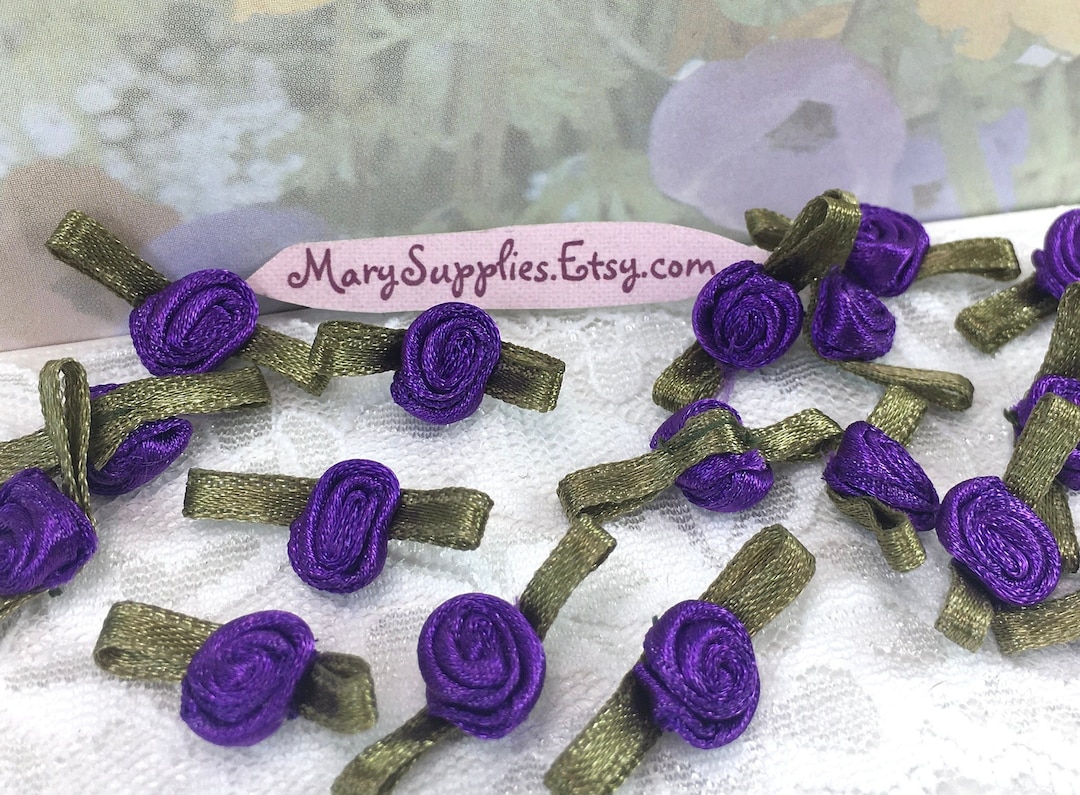 20 Royal Purple* Satin Roses Small Mini Rosettes Green Leaves Craft ...