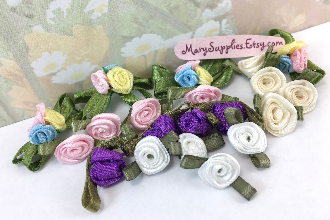 20 Small Satin Ribbon Mini Rosette Roses Green Leaves for Diy - Etsy