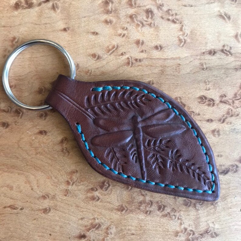 Hand Tooled Leather Dragonfly Keyring, Fern Leaf Design - Etsy