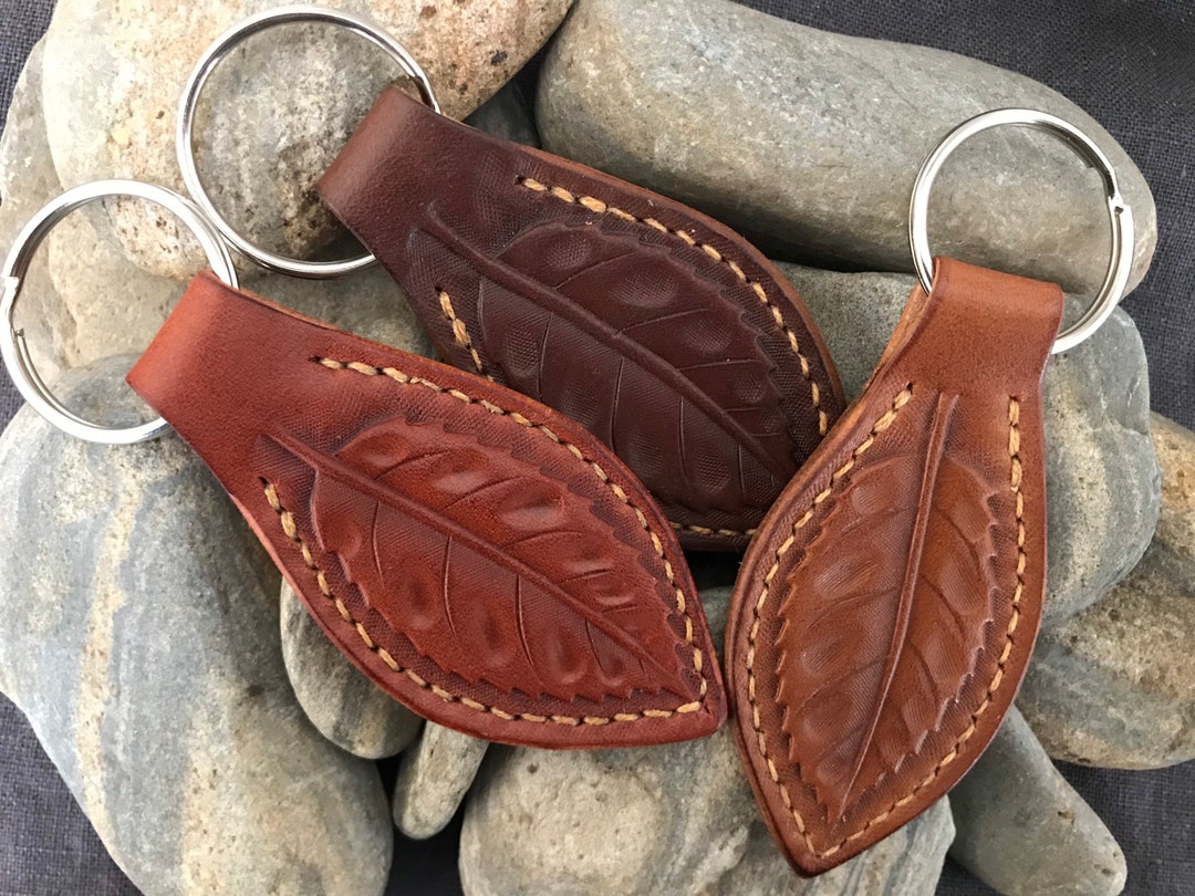 Leaf Leather Key Ring Key Fob, Tooled Leaf Design Key Chain, Leather ...