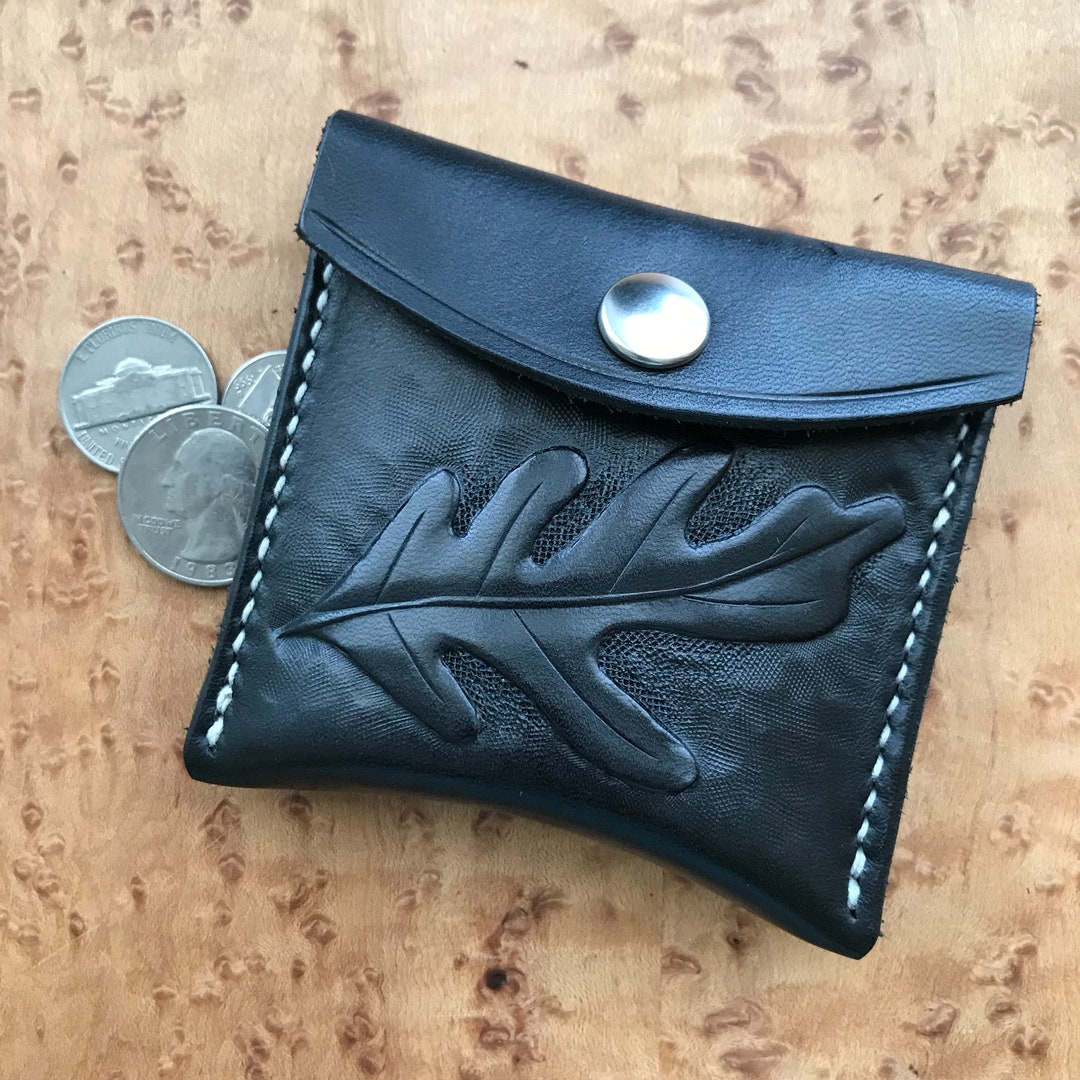 Oak Leaf Leather Tooled Coin Pouch, Black Leather Pocket Coin Holder ...