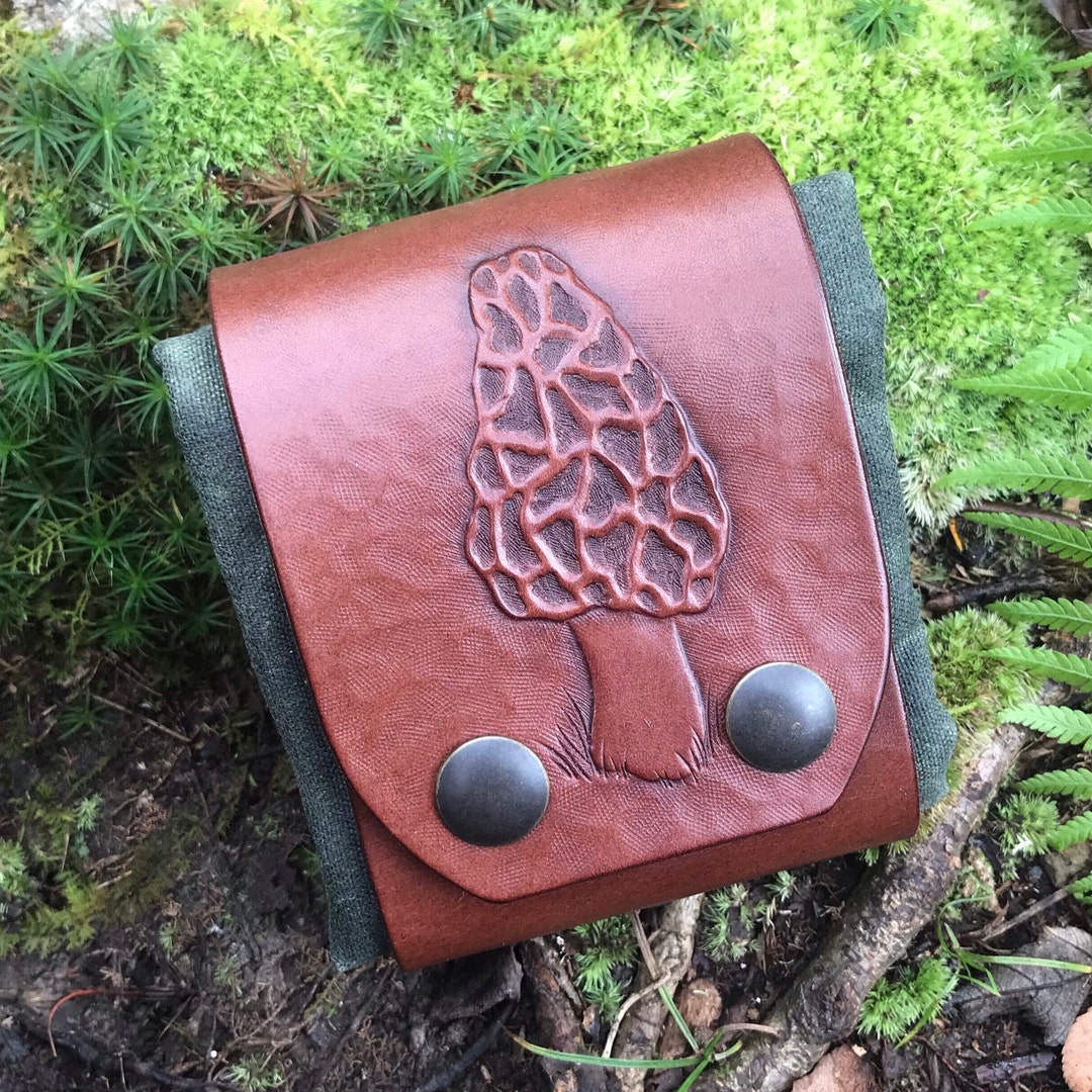 Waxed Canvas Foraging Pouch, Leather Belt Bag, Tooled Mushroom Design ...