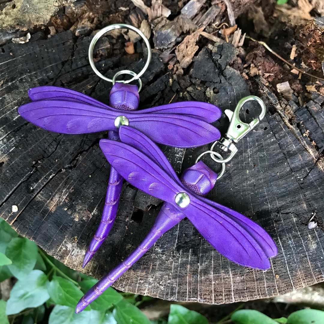 Purple Dragonfly Leather Key Ring, Key Fob, Tooled Leather Dragonfly ...